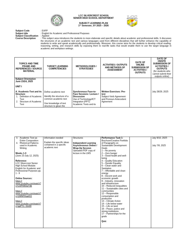 EAPP Learning Plan for Senior High School | PDF | Educational ...
