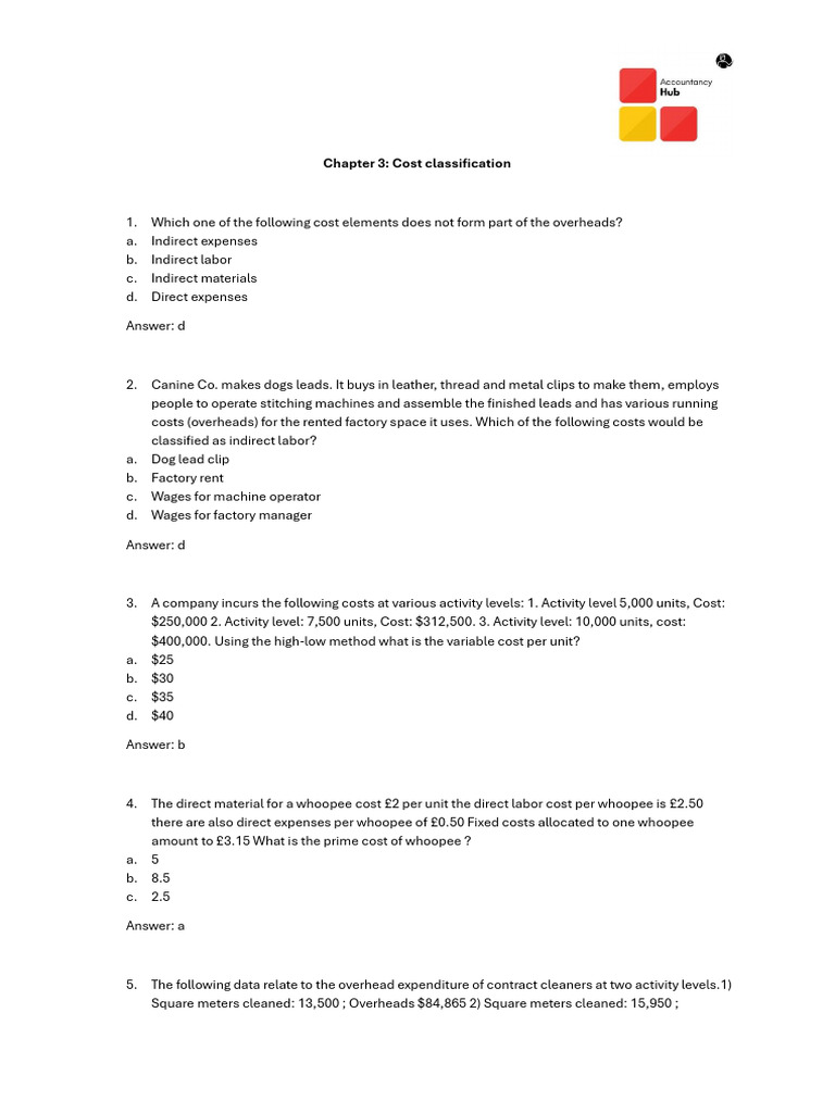 Answer Sheet Chap3 Cost Classification 1 | PDF | Business | Business ...