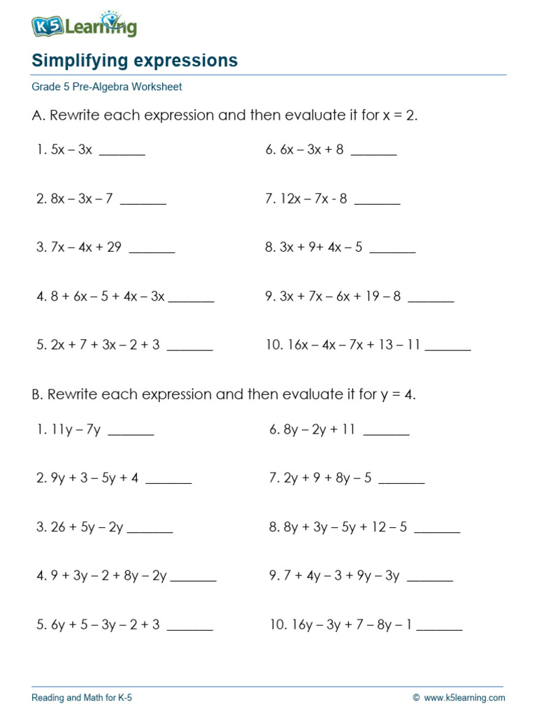 Grade 5 Simplifying Expressions Combining Like Terms c | PDF