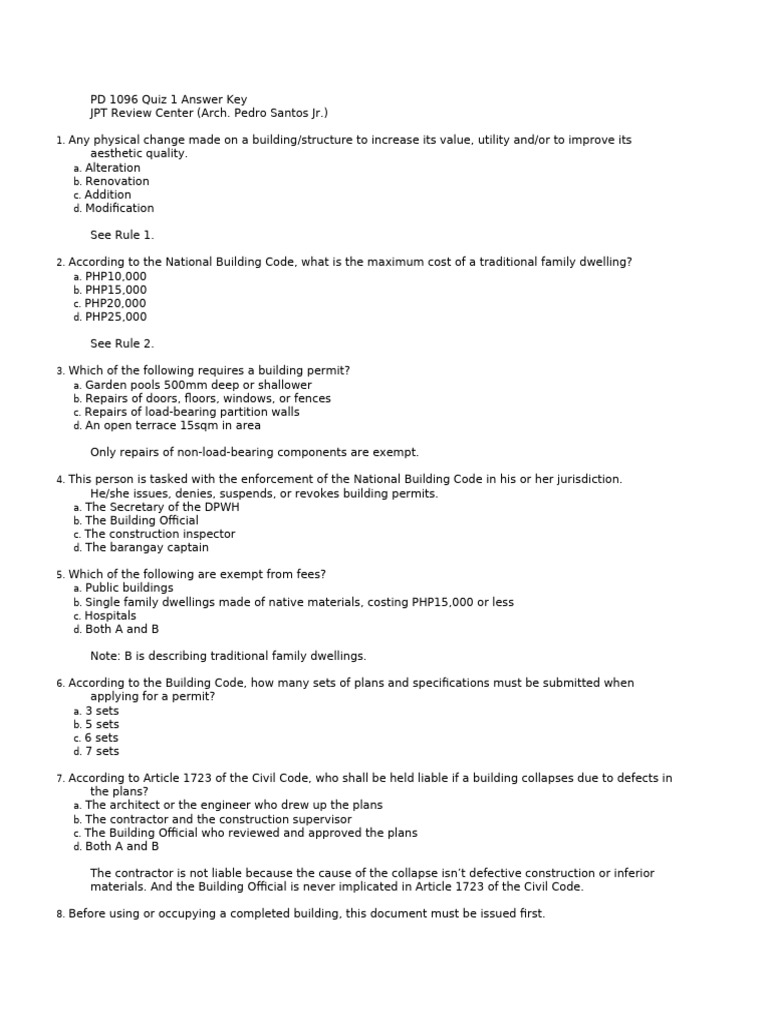 PD 1096 Quiz 1 Answer Key | PDF | Building Code | Building