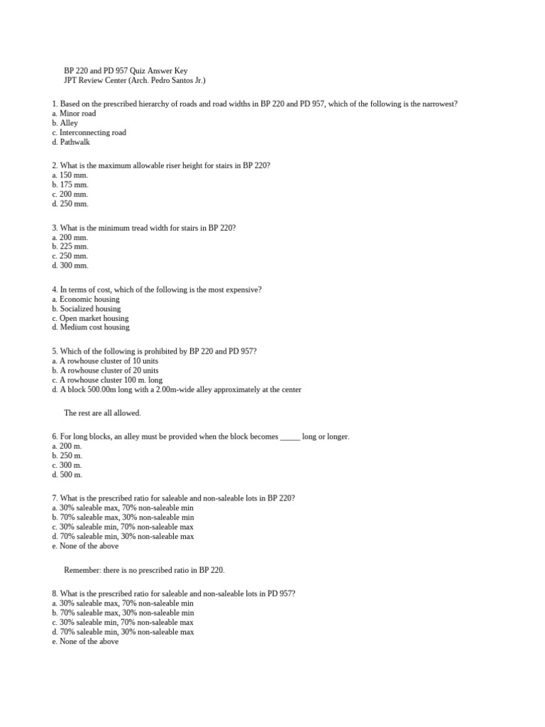 BP 220 and PD 957 Quiz Answer Key | PDF | Stairs