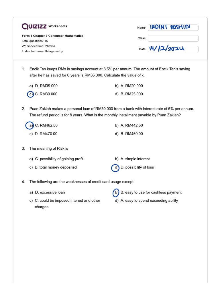 Form 3 Chapter 3 Consumer Mathematics - Quizizz | PDF | Interest | Credit