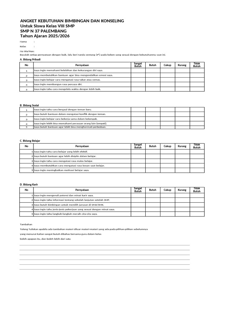 Asesmen BK 2025, Angket Kebutuhan Kelas VIII SMP N 37 Palembang | PDF