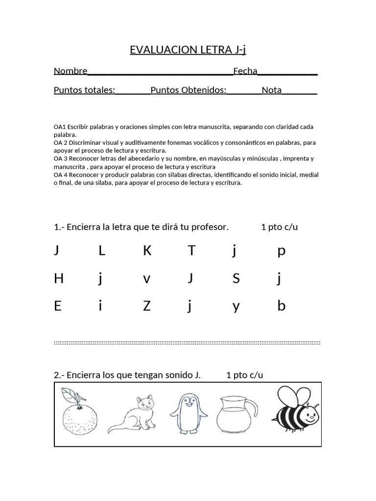 Evaluacion Letra J | PDF