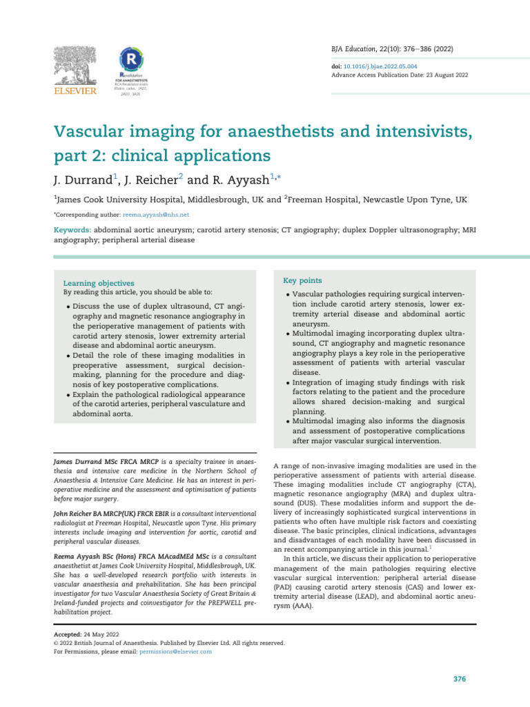 Vascular Imaging For Anaesthetists and Intensivist | PDF ...