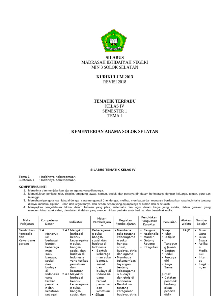 Silabus Kelas 4 - Tema 1 Fix | PDF