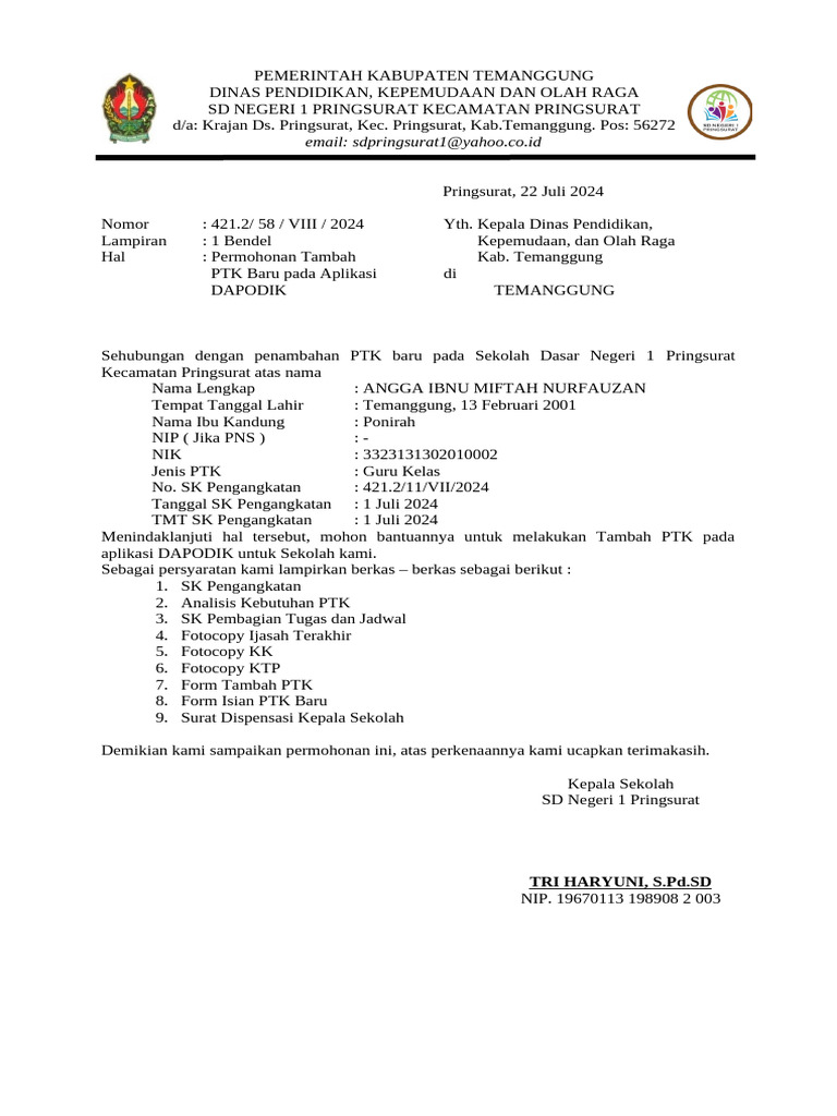 Surat Permohonan PTK Baru Angga | PDF