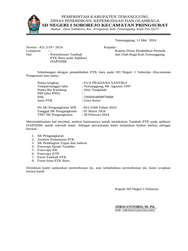 Permohonan Tambah Ptk Baru Adi Setyawan | PDF