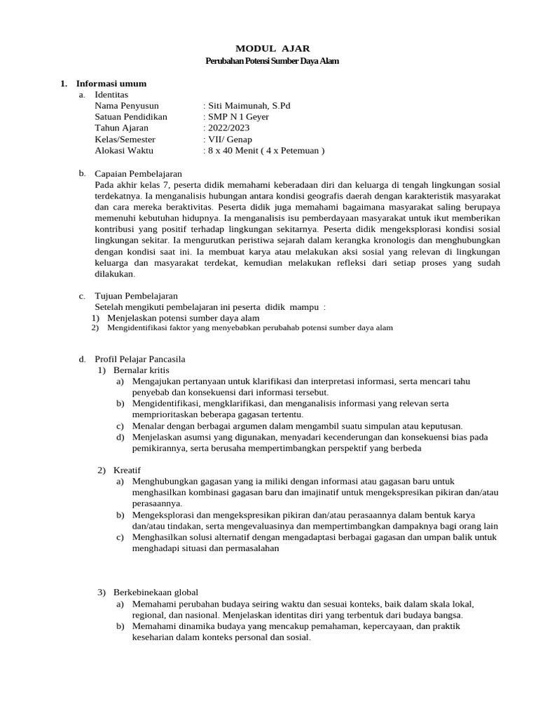 MODUL AJAR IPS KELAS 7 - 2 Perub Potensi SDA | PDF