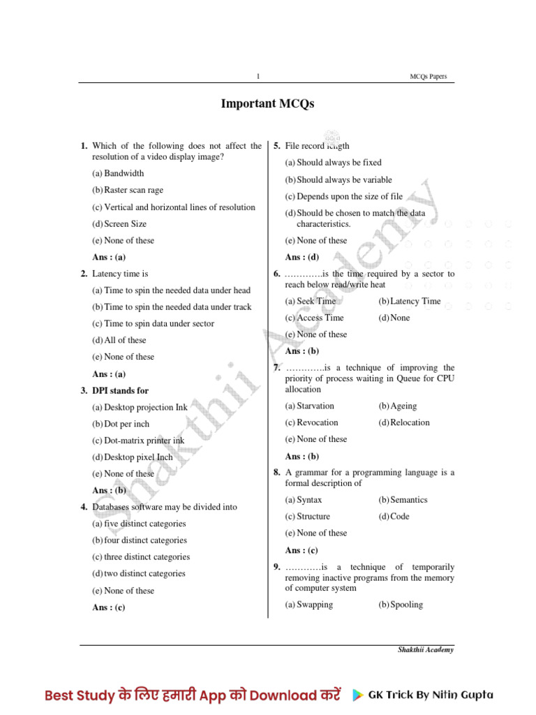 2000 Computer MCQs PDF For Competitive Exam | PDF | Databases | Computer Network