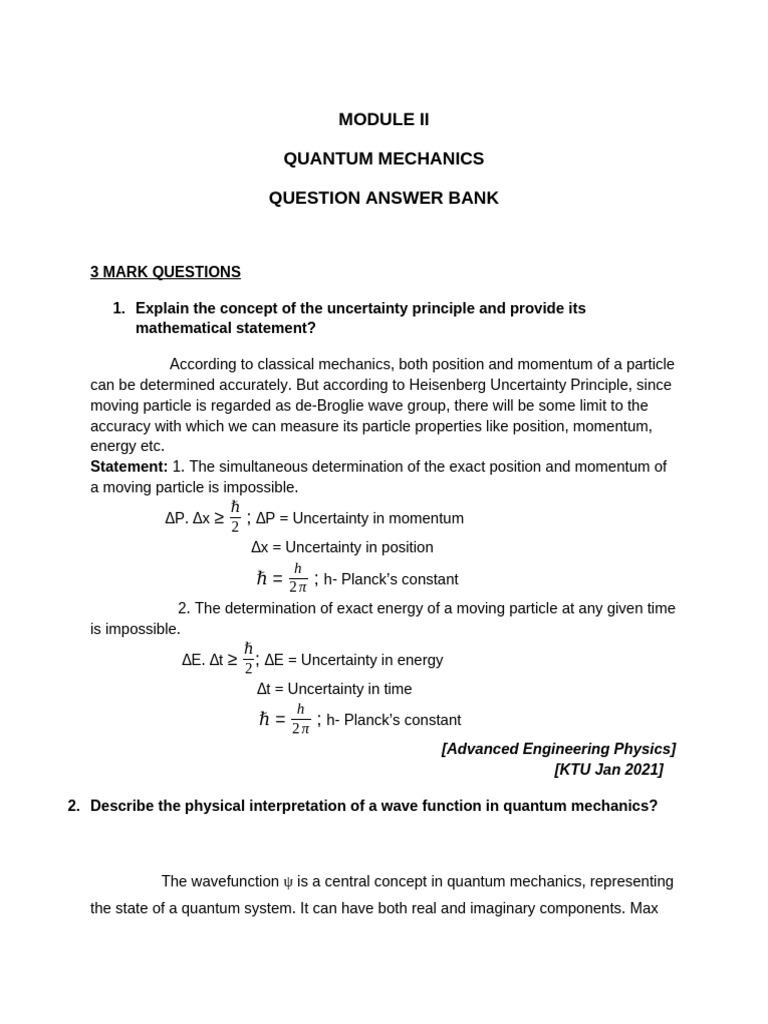 Quantum Mechanics Q & A Bank | PDF | Uncertainty Principle | Quantum Mechanics