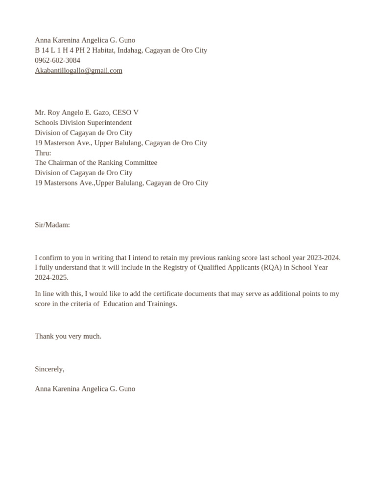 Letter of Intent For Retaining Ranking Score | PDF