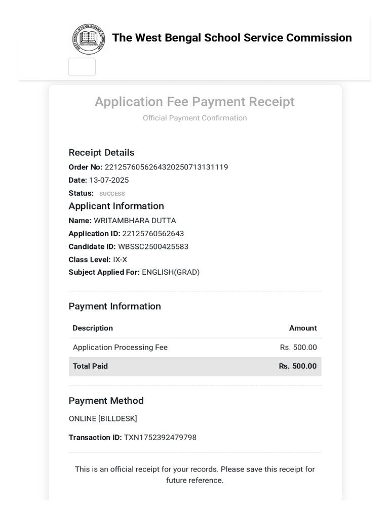 Application Fee Receipt for Class IX-X | PDF