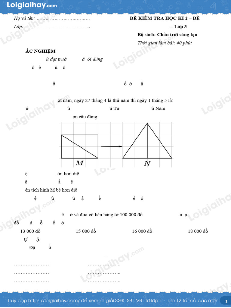 De Kiem Tra Hoc Ki 2 Toan 3 Chan Troi Sang Tao de So 8 1683170687 | PDF
