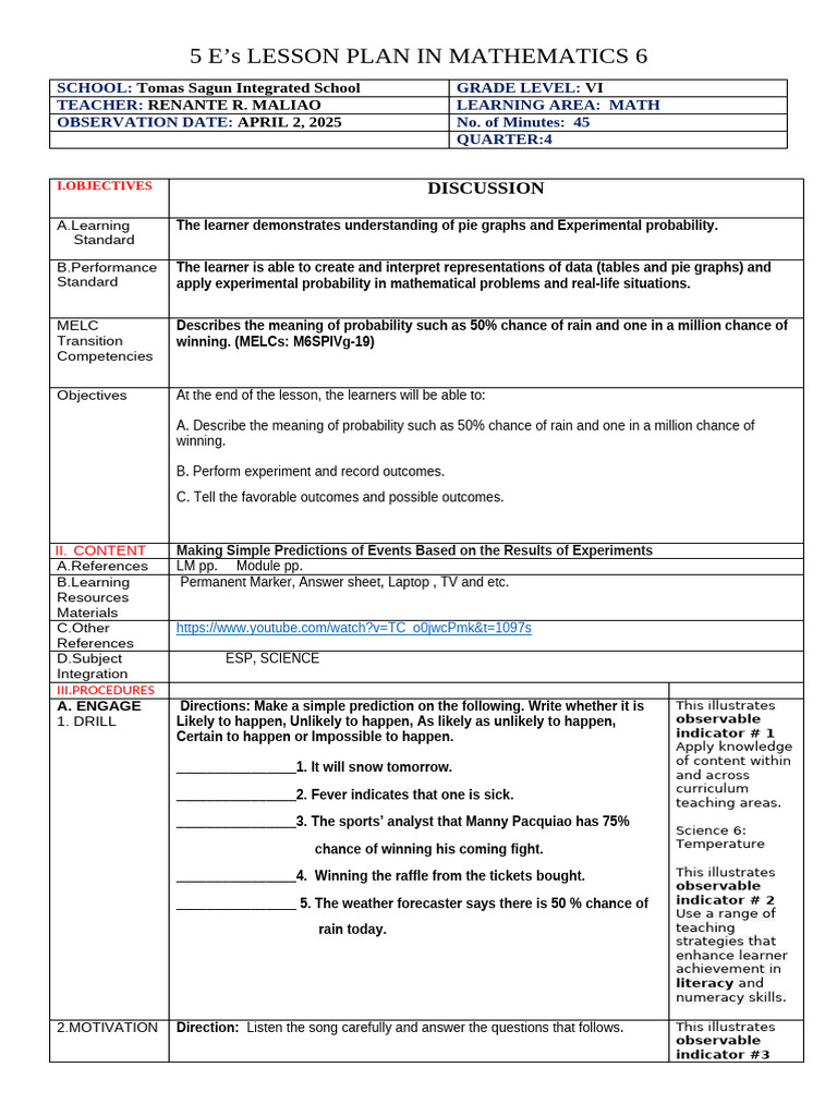 5 E's Math Lesson Plan on Probability | PDF | Learning | Cognition