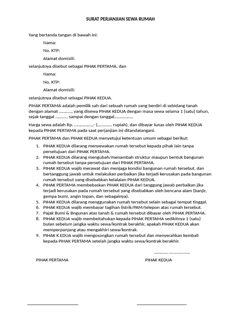 SURAT PERJANJIAN SEWA RUMAH | PDF