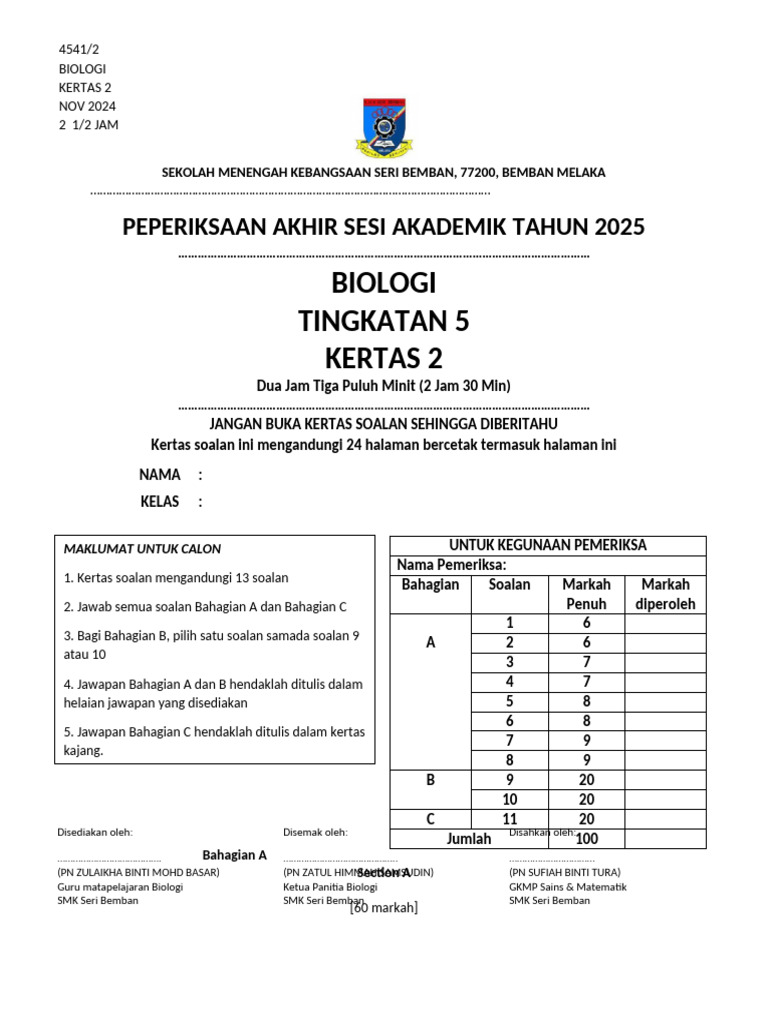 Soalan PPT Bio k2 Ting 5 2025 | PDF
