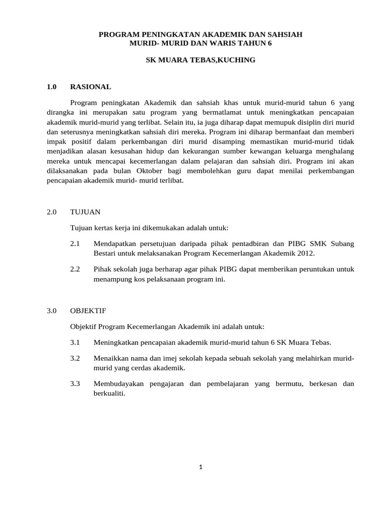 Kertas Kerja Program Kecemerlangan Akademik | PDF