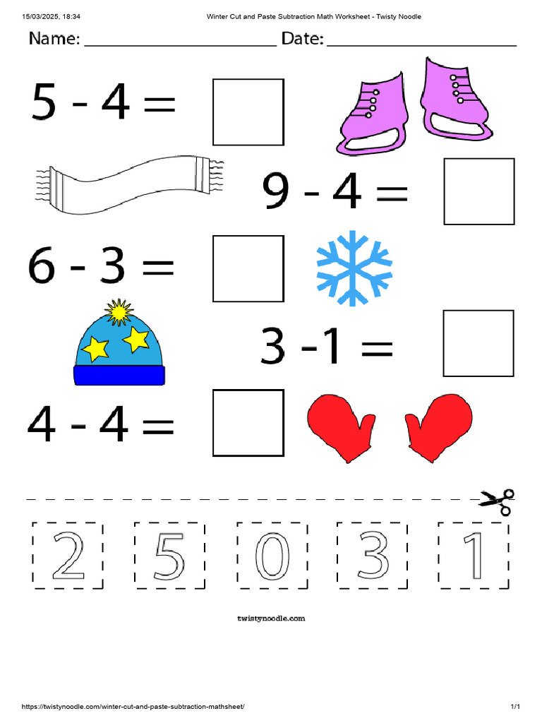 Winter Cut and Paste Subtraction Math Worksheet - Twisty Noodle | PDF