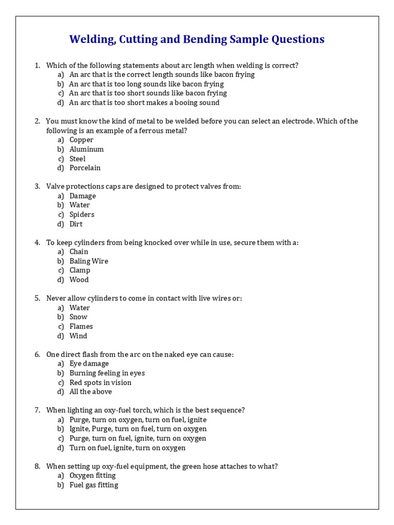 Welding Cutting and Bending Sample Questions | PDF | Welding | Construction