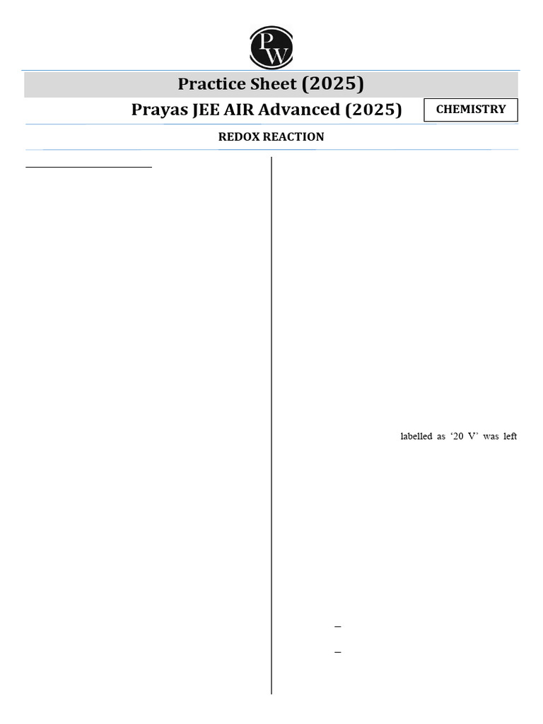 Redox Reaction - Practice Sheet | PDF | Titration | Chemistry