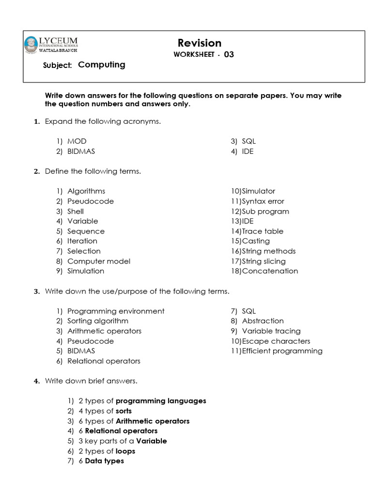 Computing Terms and Concepts Revision Guide | PDF | String (Computer ...
