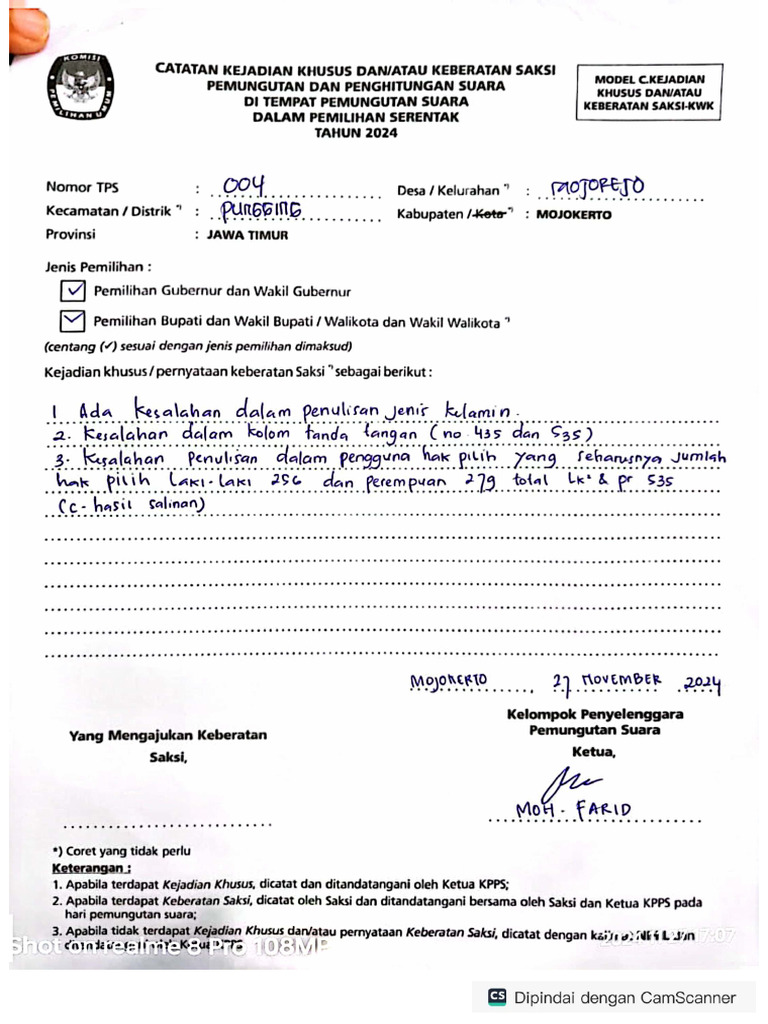 Catatan Kejadian Khusus Tps 004 | PDF