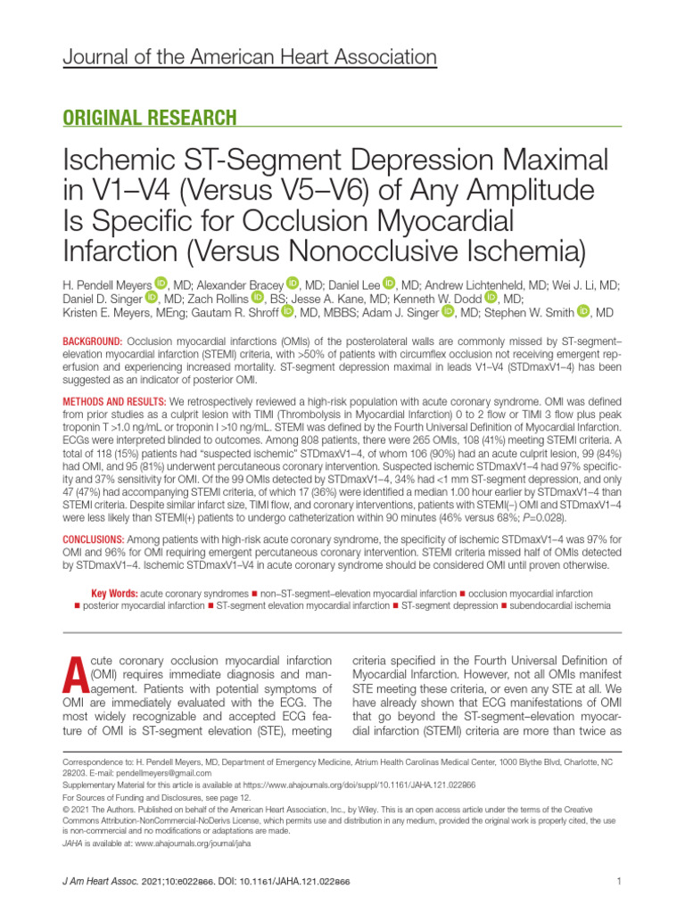 Ischemic ST-Segment Depression Maximal in V1-V4 (Versus v5-V6) of Any ...