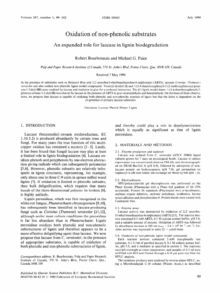 Oxidation of Non Phenolic Substrates An | PDF | Lignin | Protein ...
