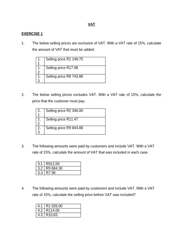 VAT and Mark-Up Calculation Exercises | PDF