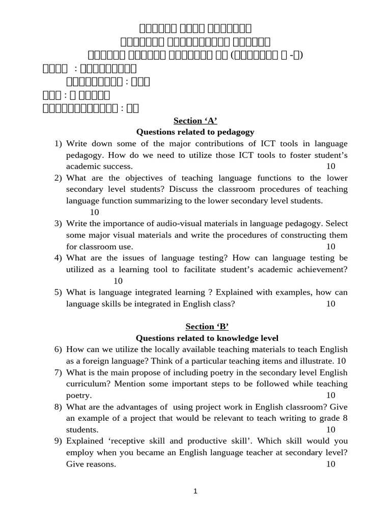 TSC Model Question 2082 English | PDF | Pedagogy | Educational Technology