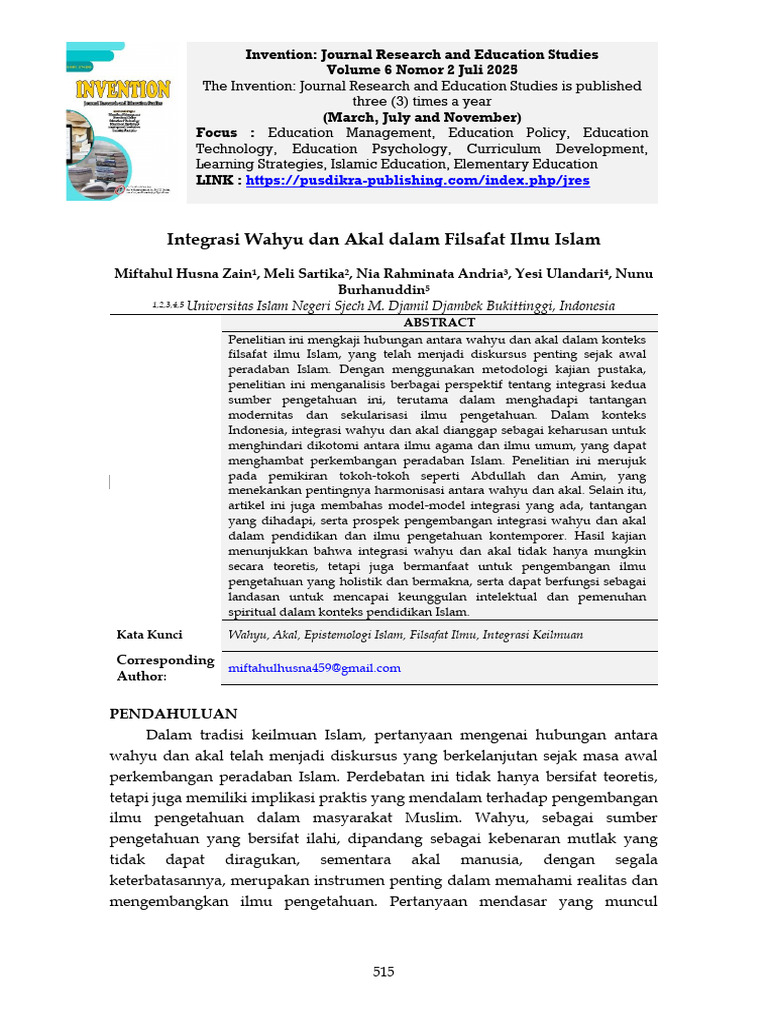 Integrasi Wahyu Dan Akal Dalam Filsafat Ilmu Islam | PDF