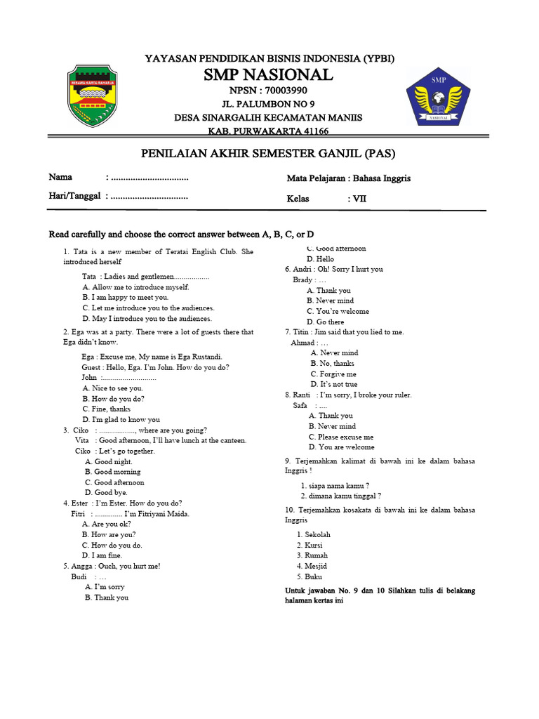 Soal Ujian Kelas 7 B. Inggris | PDF | Chess Theory | Chess Openings