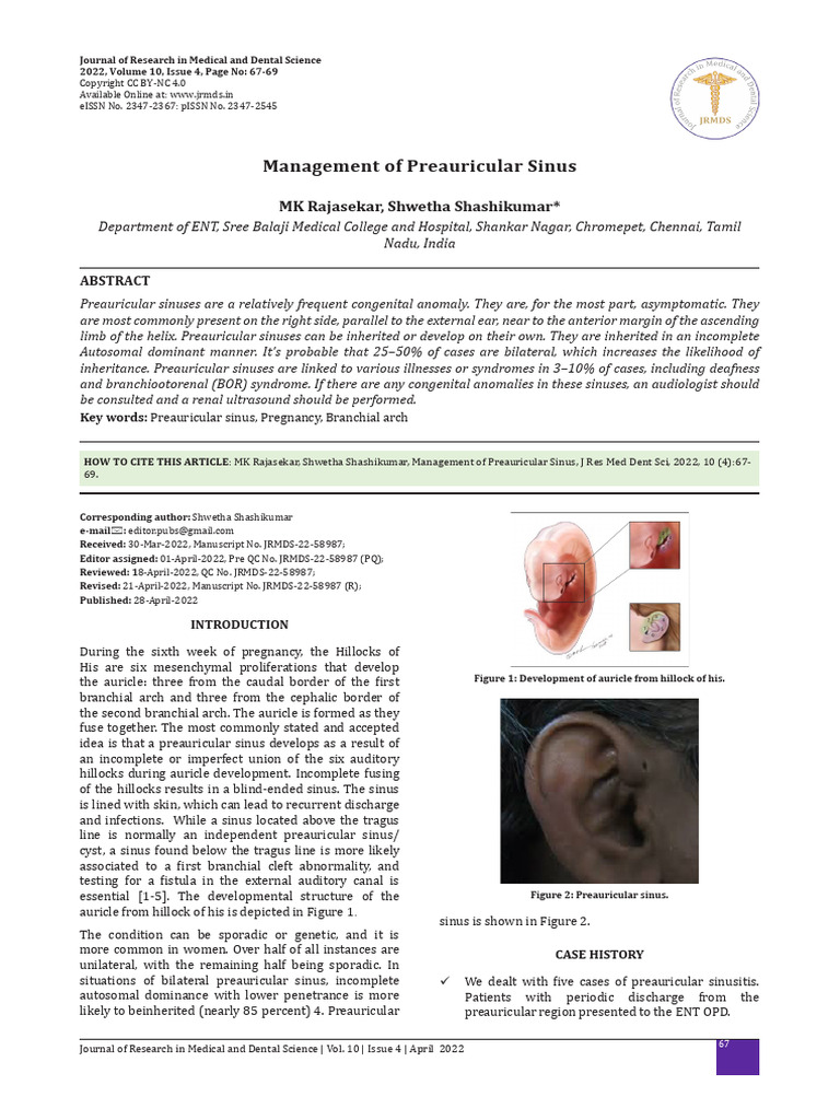Management of Preauricular Sinus | PDF | Infection | Ear