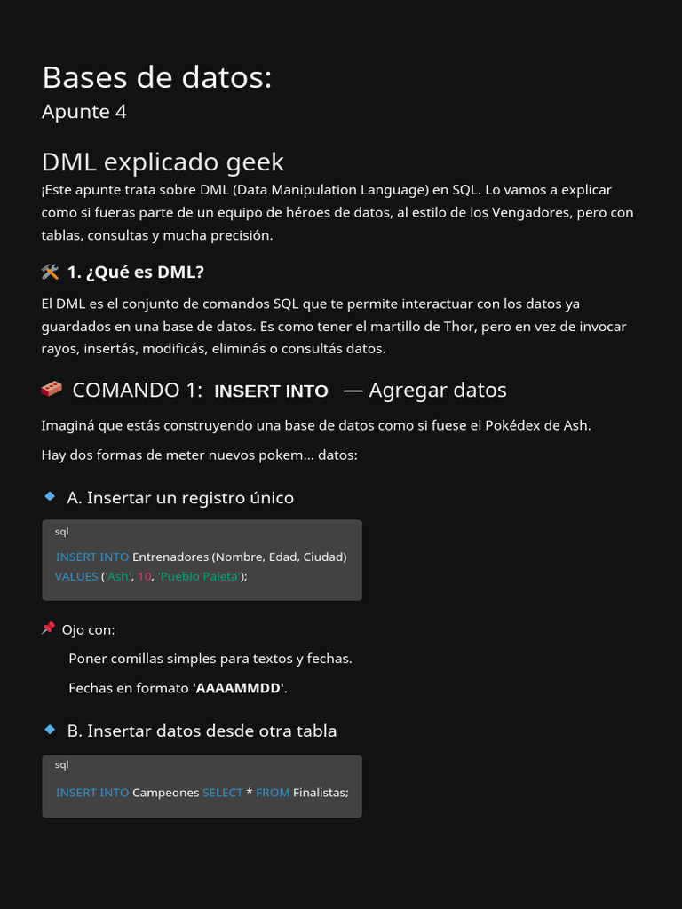 Bases de Datos Resumen Apunte 4 DML Basico | PDF | SQL | Datos de computadora