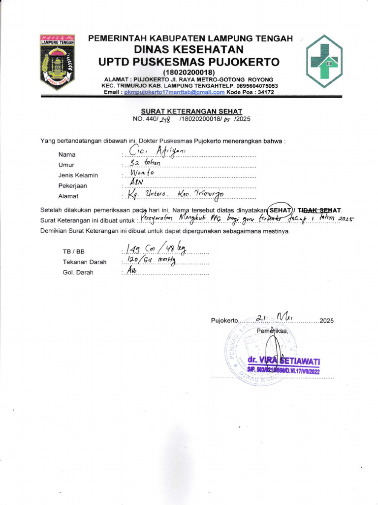 Surat Keterangan Sehat Cici Apriyani | PDF
