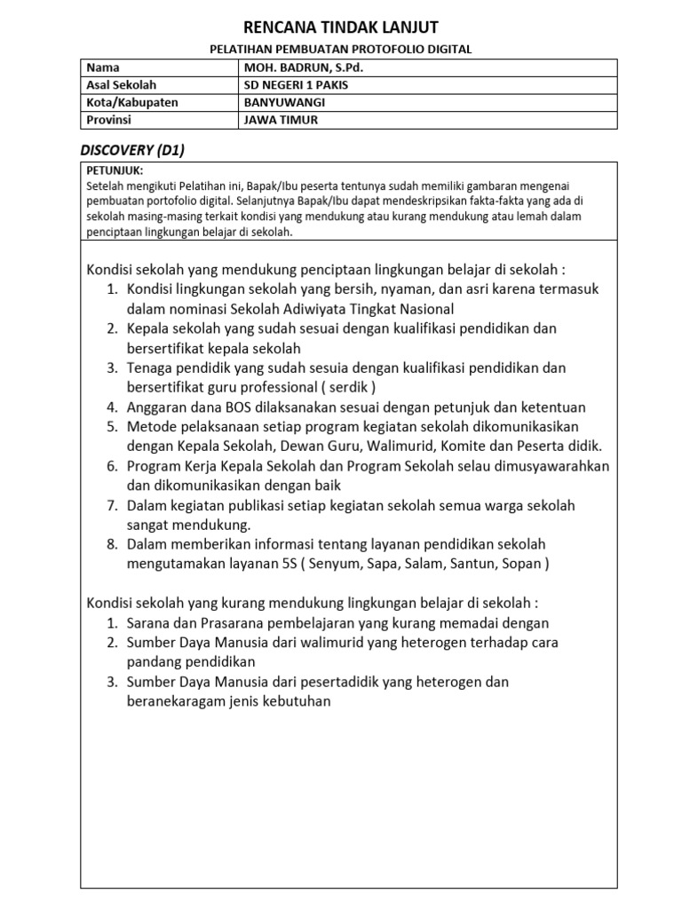 Rencana Tindak Lanjut - Portofolio - Moh - Badrun CGP Angkatan 3 Kelas Banyuwangi 2 | PDF