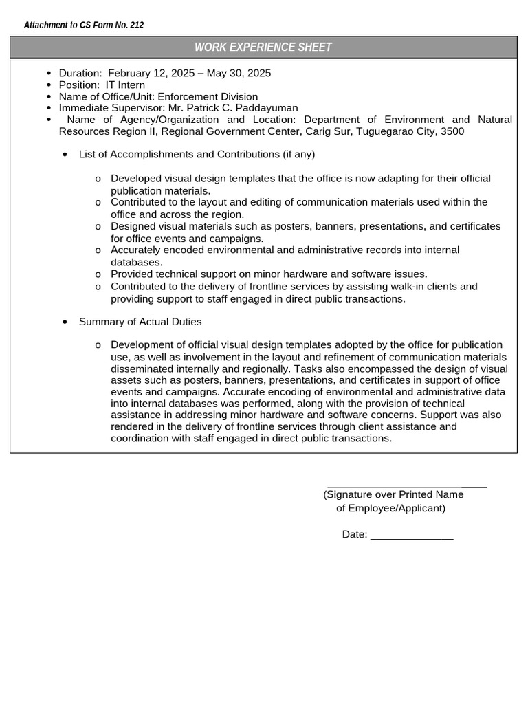 CS Form No. 212 Attachment - Work Experience Sheet 2 | PDF | Computing ...