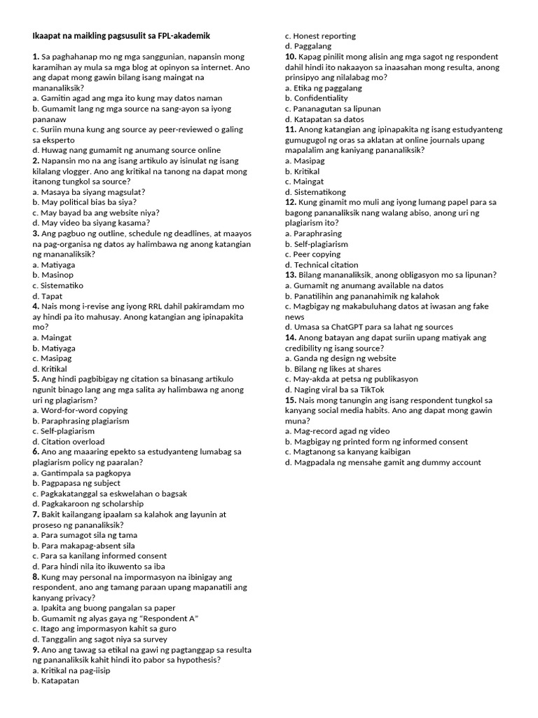 Ikaapat Na Maikling Pagsusulit Sa FPL | PDF