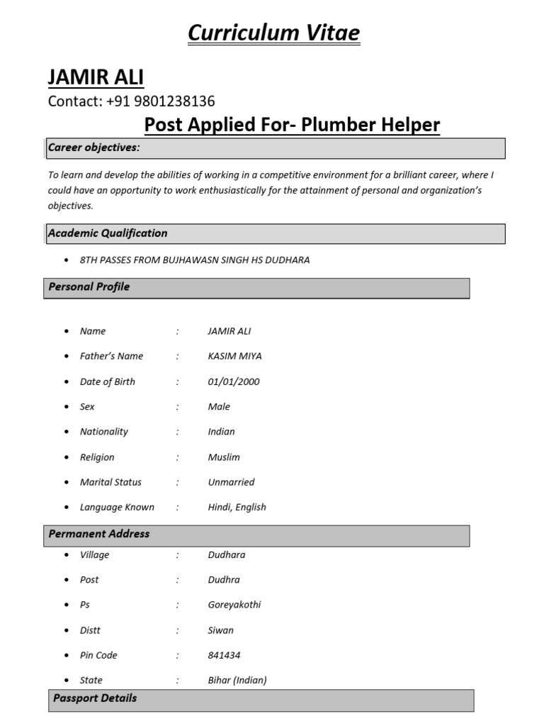 Jamir Ali's Plumber Helper CV | PDF