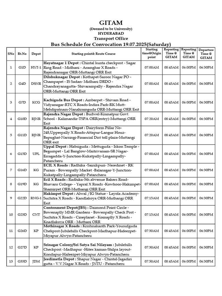 Bus Timings for GITAM Convocation | PDF