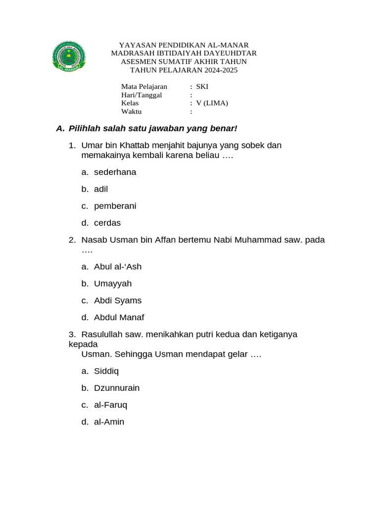 Asesmen SKI Kelas V 2024-2025 | PDF