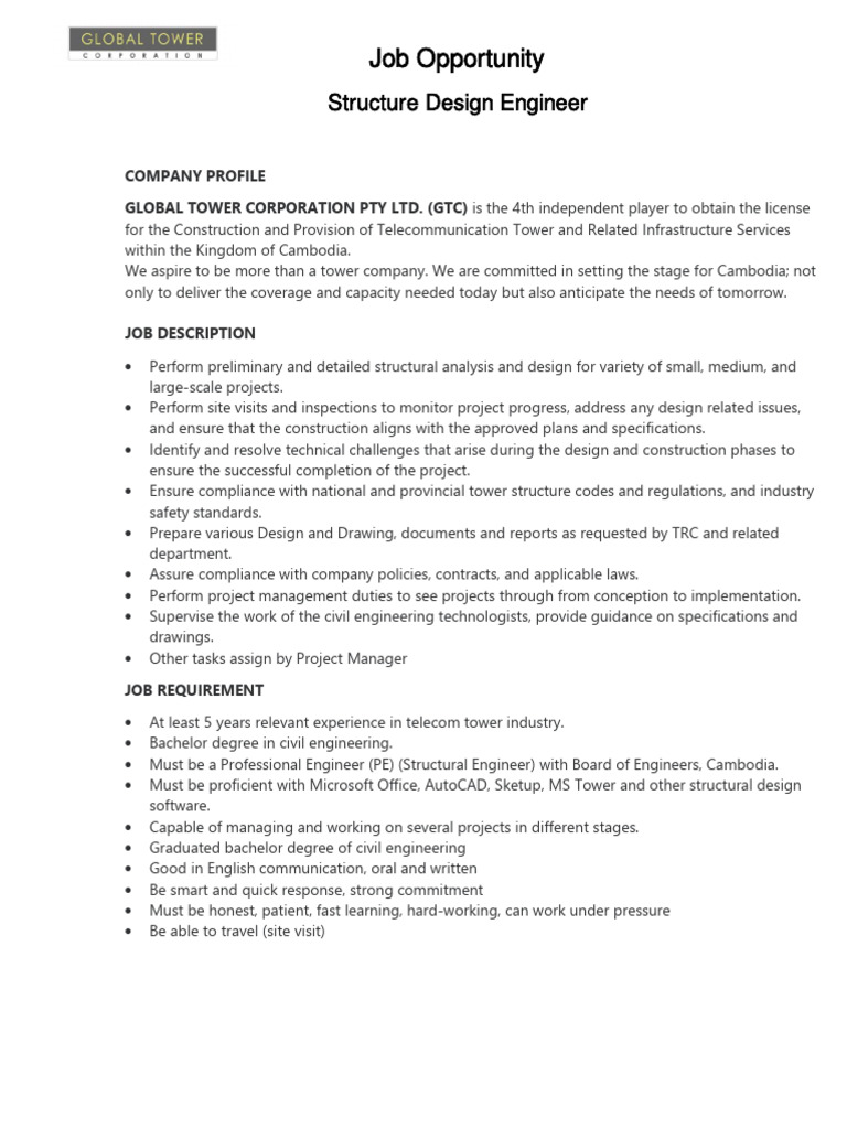 Structure Design Engineer Job at GTC | PDF | Regulatory Compliance ...