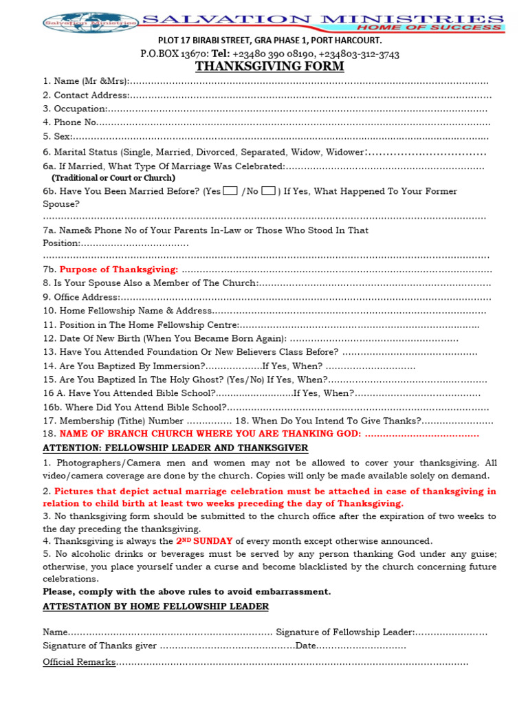 Thanksgiving Form for Church Members | PDF | Marriage