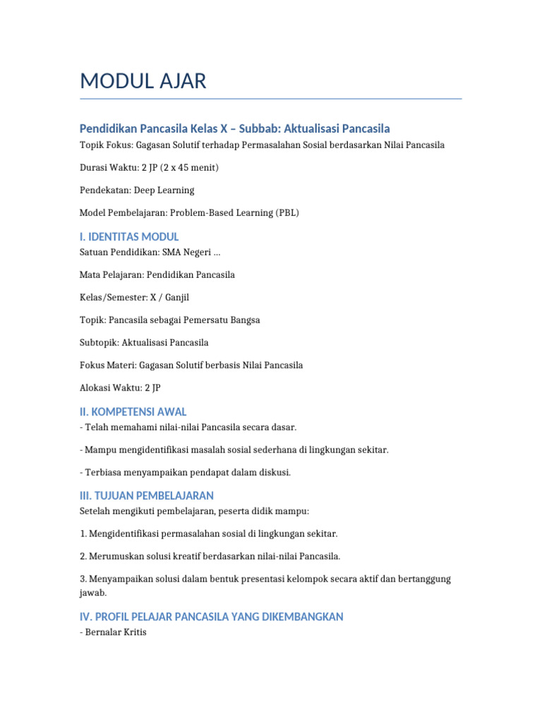 Modul Ajar Aktualisasi Pancasila PBL | PDF