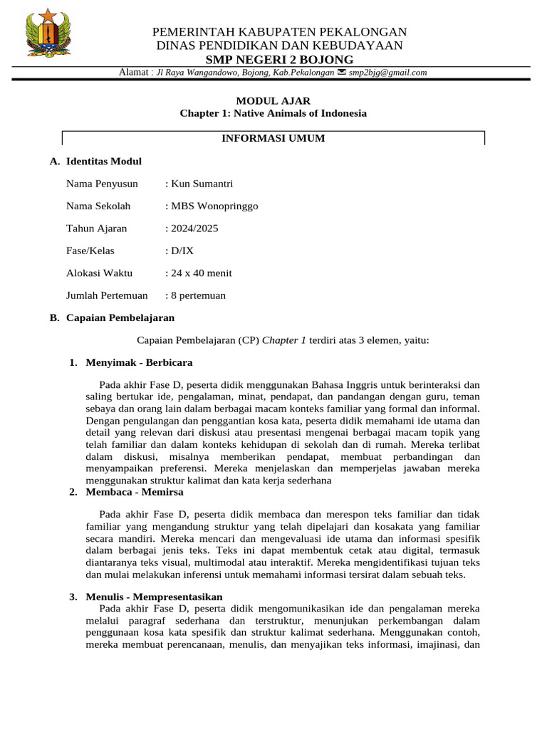 Modul Ajar Chapter 1 Bahasa Inggris I 2024 | PDF