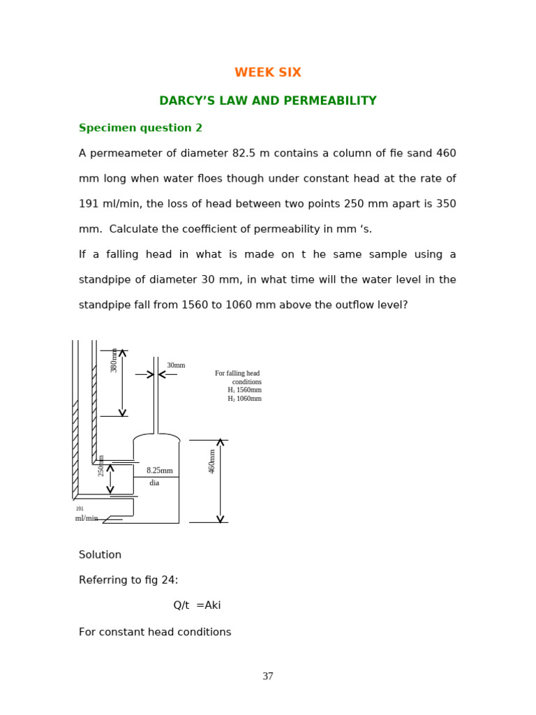 WEEK 6 (Darcy's Law and Permeability) | PDF | Continuum Mechanics | Chemical Engineering