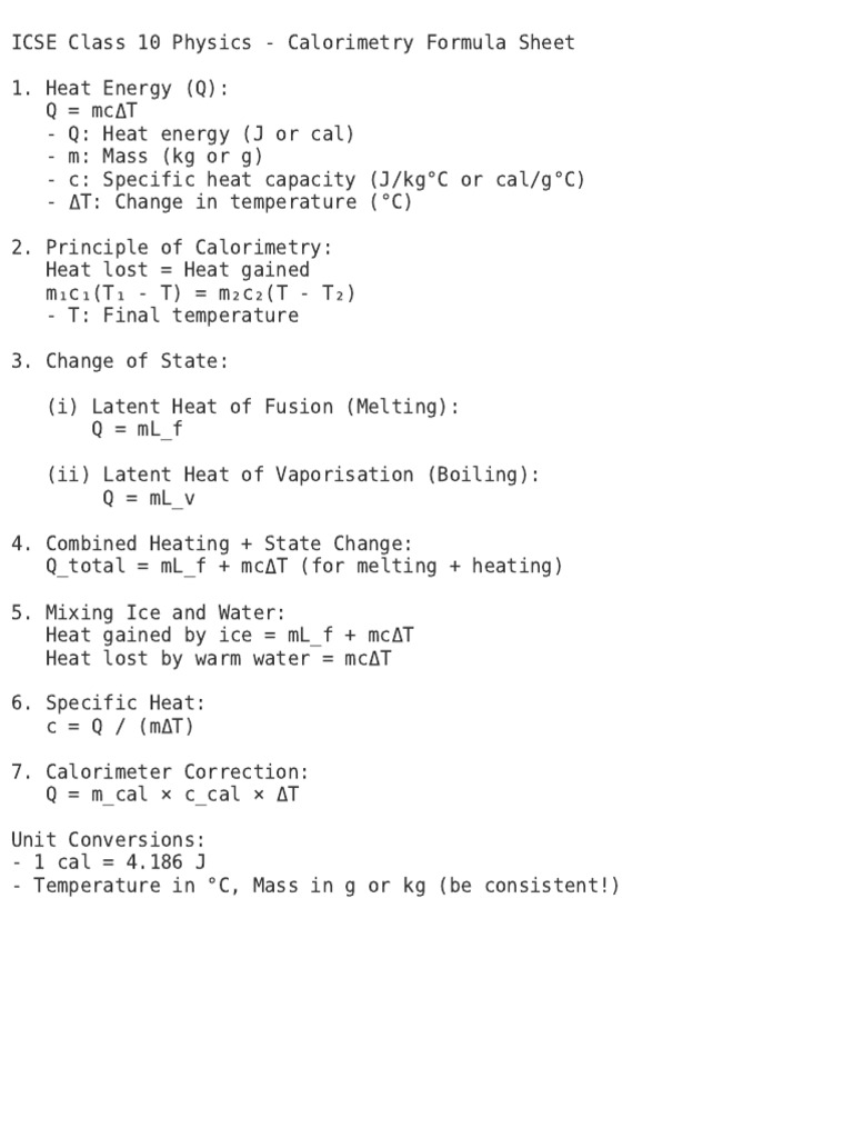 ICSE Class10 Calorimetry Formula Sheet | PDF