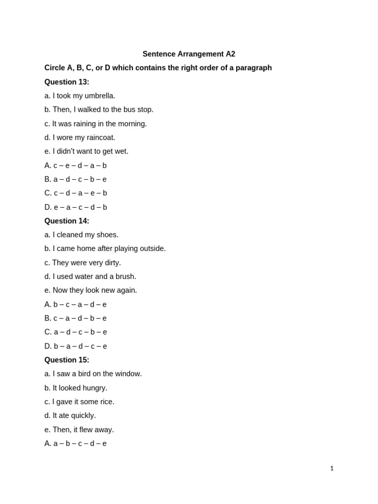 Sentence Arrangement Practice A2 | PDF