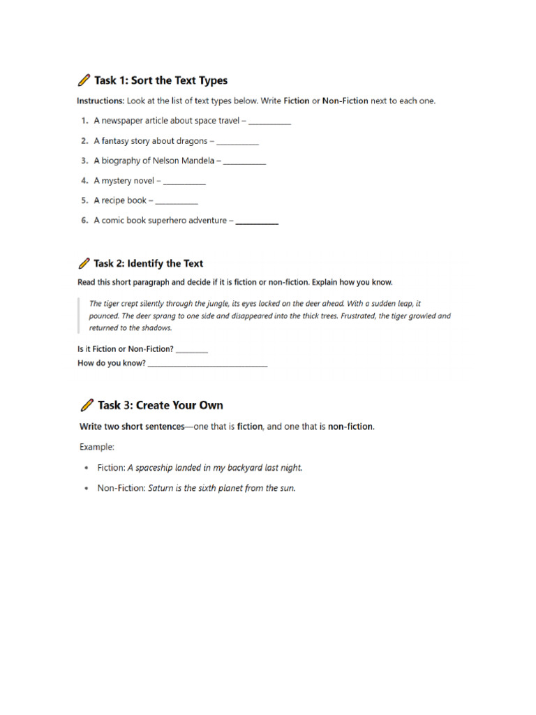 Fiction Non-Fiction Worksheet | PDF